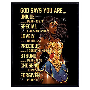 African American Woman - African American Wall Art for Girls - God Says You Are - Christian Wall Decor - Bible Verses - Black Wall Art - Religious Gifts for Women - Inspirational Motivational Unframed