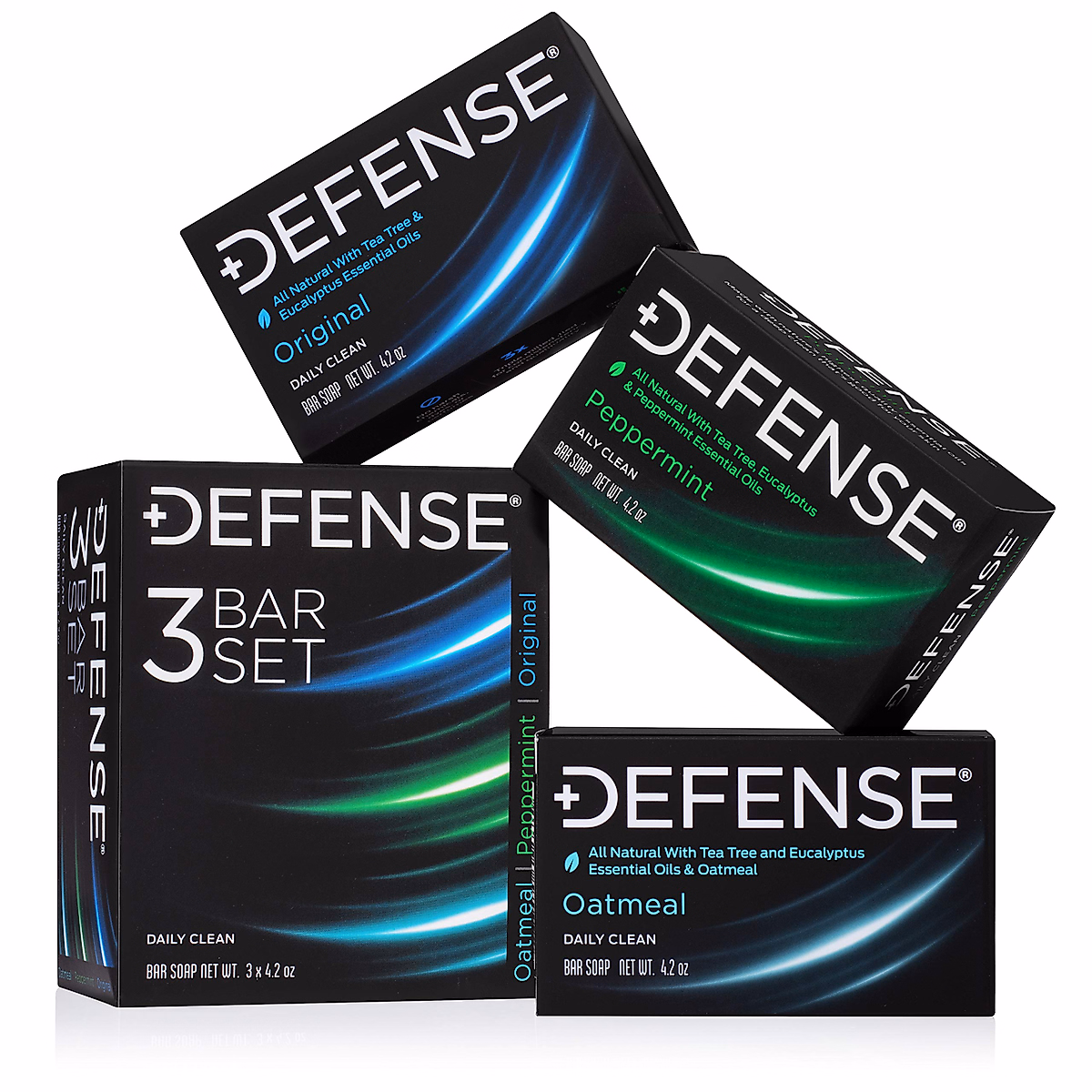 Defense Soap All Natural Tea Tree Bar Soap, 3 Bar Variety Pack - Original, Peppermint, Oatmeal