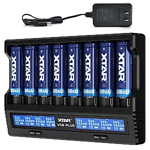 XTAR VC8 Plus Fast LCD Display Rechargeable Battery Charger with DC36W Adapter max 3A 1 Slots/8 Slots 1A Fast Charge 10400 14500 18650 20700 21700 26650 or 1.2V Ni-MH Ni-Cd AA AAA