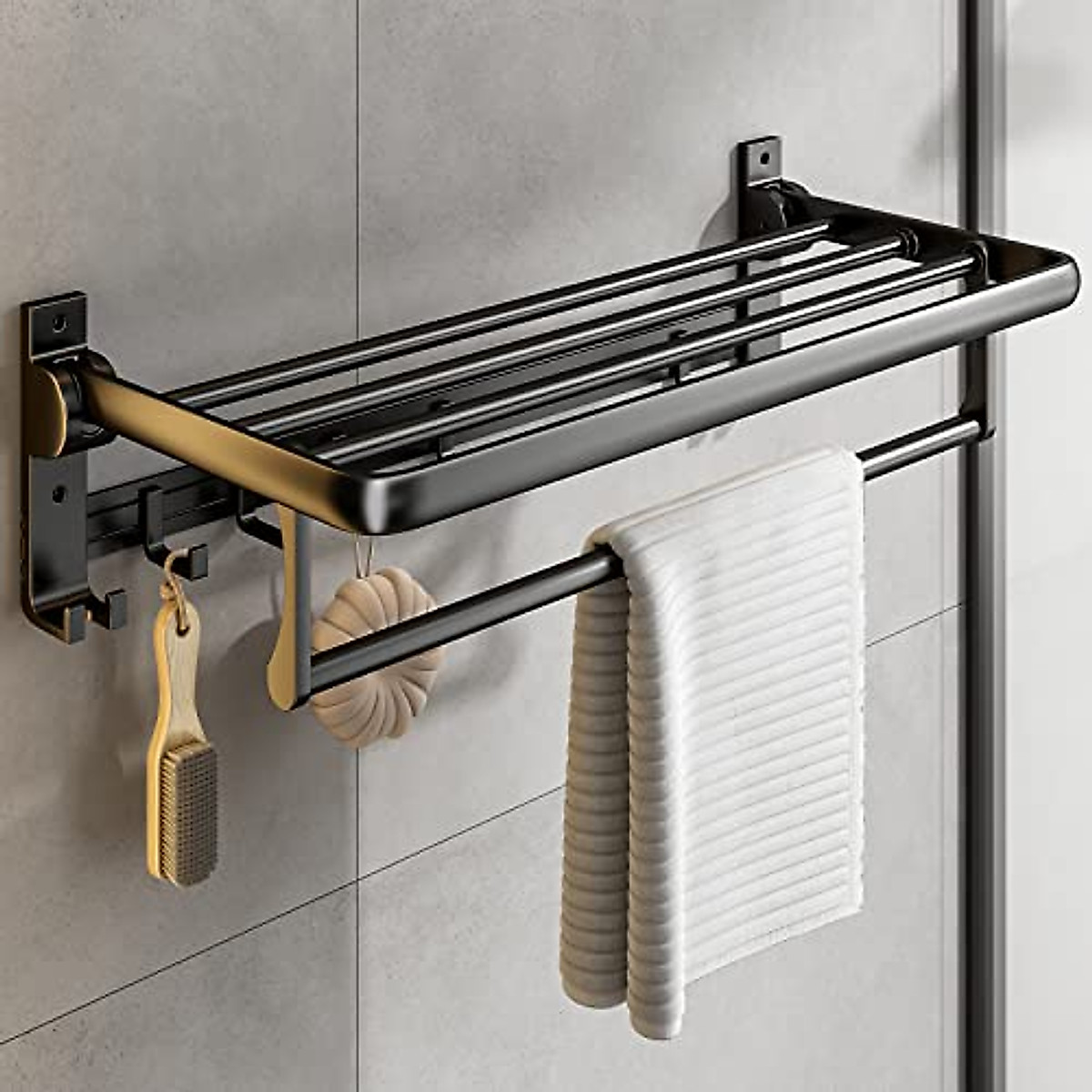 Bathroom Towel Rack, Foldable Towel Racks for Bathroom with 5 Sliding Towel Hooks, Drilling/Adhesive Towel Rack Wall Mounted for Rental/Restroom/Bedroom, Upgrade Wall Anchors, Rustproof, 24in