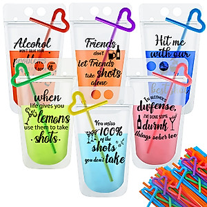 Spiareal 24 Sets Friends Zipper Drink Bags Pouches with Straws Reusable Juice Small Pouch Shots Friendship Plastic for Drinks Handheld Drinking Adult Birthday Party, 8.0 Count