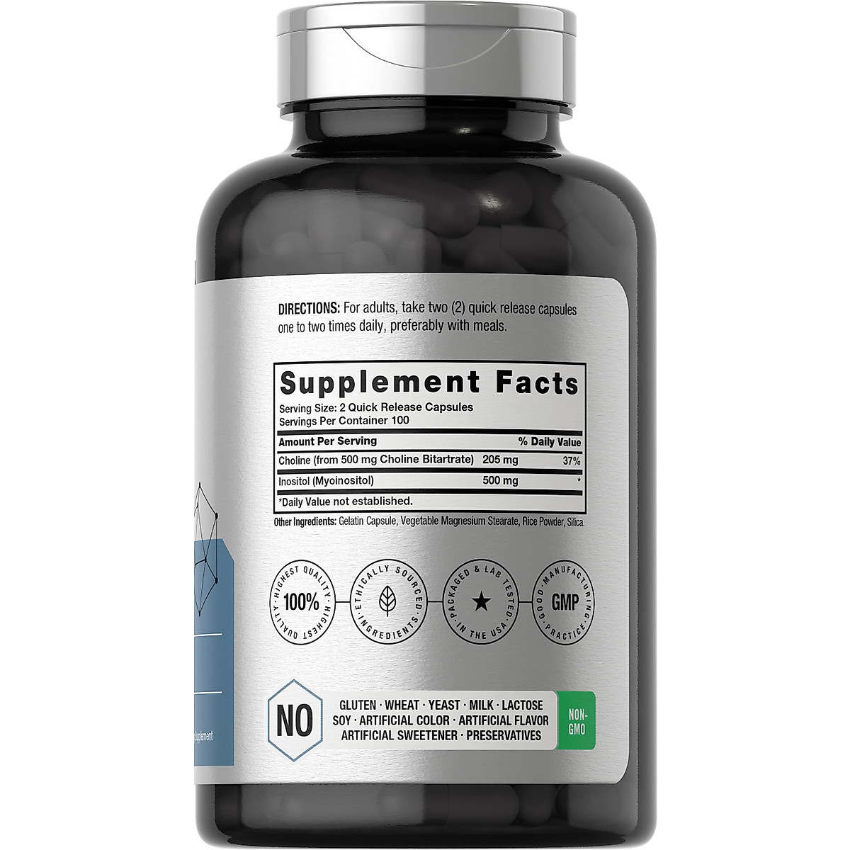 Horbaach Choline Inositol 1000mg Supplement | 200 Capsules | Non-GMO, Gluten Free