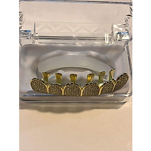 Solid 925 Sterling Silver Real Grillz - 14k Yellow Gold Plated - Iced CZ - Custom Top & Bottom Grills For Teeth - Real Solid Silver NOT BRASS