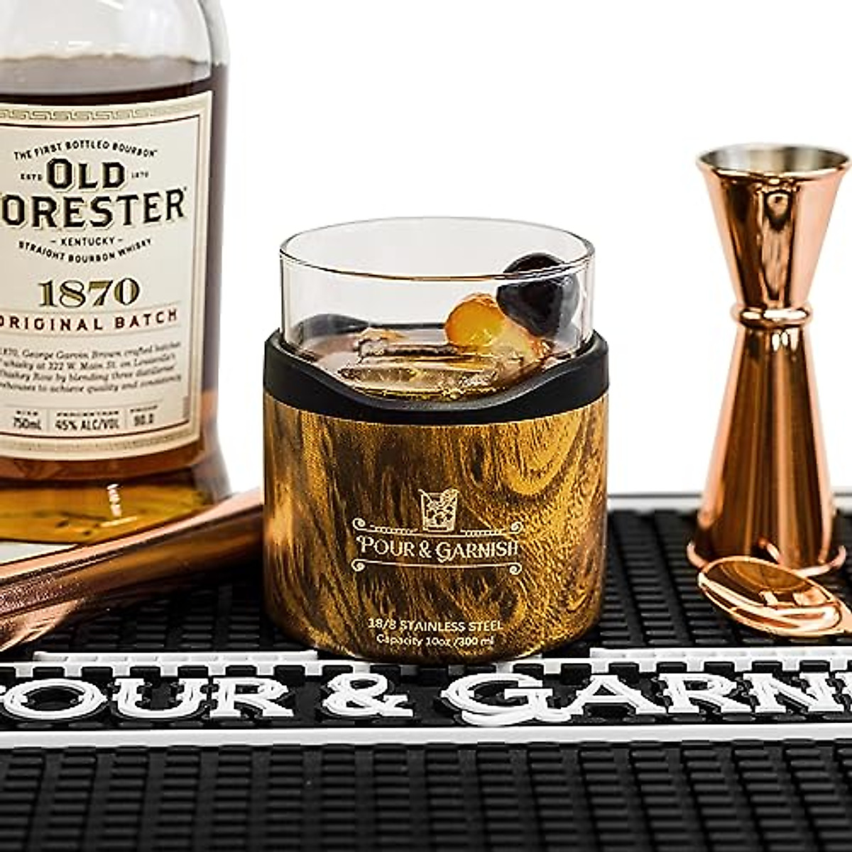 POUR & GARNISH Stainless Steel and Glass Insulated 10oz Cocktail Glass. Vacuum Insulated Double Walled Whiskey and Bourbon Lowball Glass. Old Fashioned Cocktail Glass.