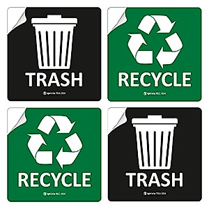 IGNIXIA (Pack of 04 Recycle and Trash Sign Decals self Adhesive - Recycling Stickers Recycle and Trash Sticker for Trash can with Over Lamination - Recycle Label (Black & Green) (5 X 5 Inches Square)