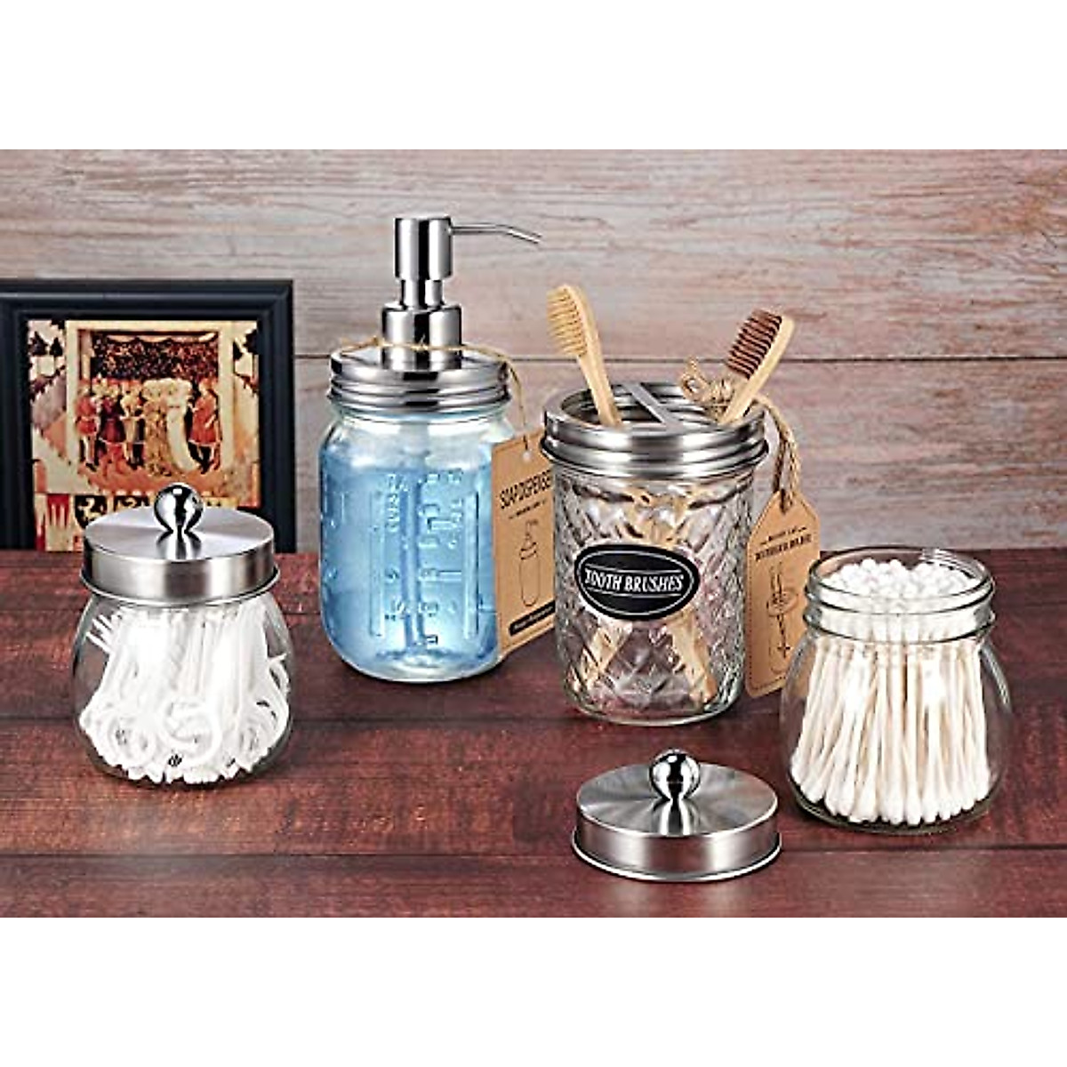 4 Pcs & 4 Pcs Brushed Nickel Mason Jar Bathroom Accessories Set- Lotion Soap Dispenser*2, Regular mouth Qtip Holder Set*2,Wide Mouth Cotton Swab Holder*2,Toothbrush Holder*2,Rustic Farmhouse Decor