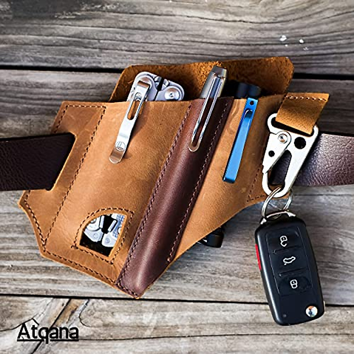 Atqana Multitool Sheath for Belt - EDC Pocket Organizer | Leatherman Holster | Leather Multitool Pouch with Pen Holder, Flashlight Sheath and Key Fob Clip | Handmade Leather EDC Organizer (Brown)