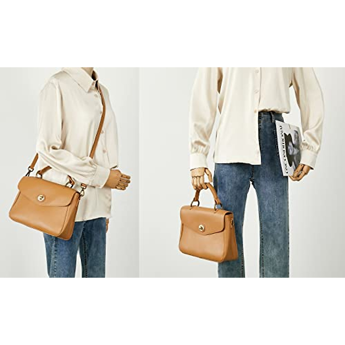 Leather Top Handle Handbags For Women Vintage Medium Shoulder Messenger Bag With Lock Flap (2-Brown)