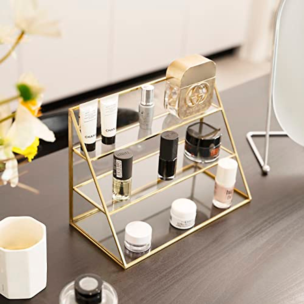 FSyueyun Gold Makeup Organizer Case Vanity, 3 Layers Glass Makeup Storage Cosmetics Organizer Jewelry Box Earring Ring Holder Display Case
