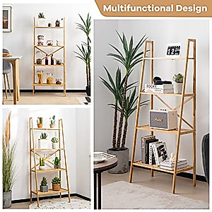 Giantex 4-Tier Bamboo Bookshelf, Multifunctional Storage Display Rack Shelves with Anti-Tipping Device, Natural Wood Ladder Shelf for Home Office Kitchen Bathroom