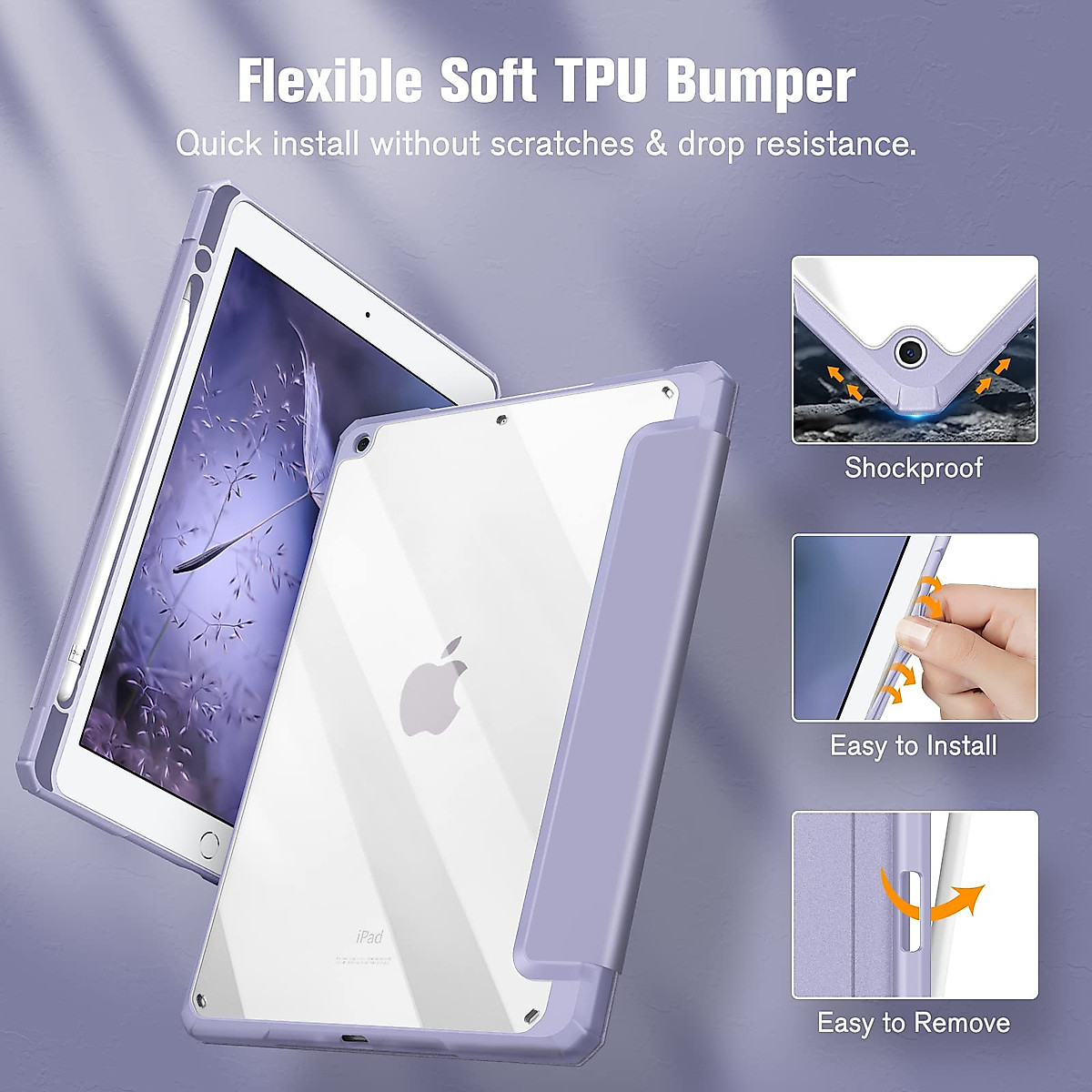 Fintie Hybrid Slim Case for iPad 9th / 8th / 7th Generation (2021/2020 / 2019) 10.2 Inch - [Built-in Pencil Holder] Shockproof Cover with Clear Transparent Back Shell, Lilac Purple