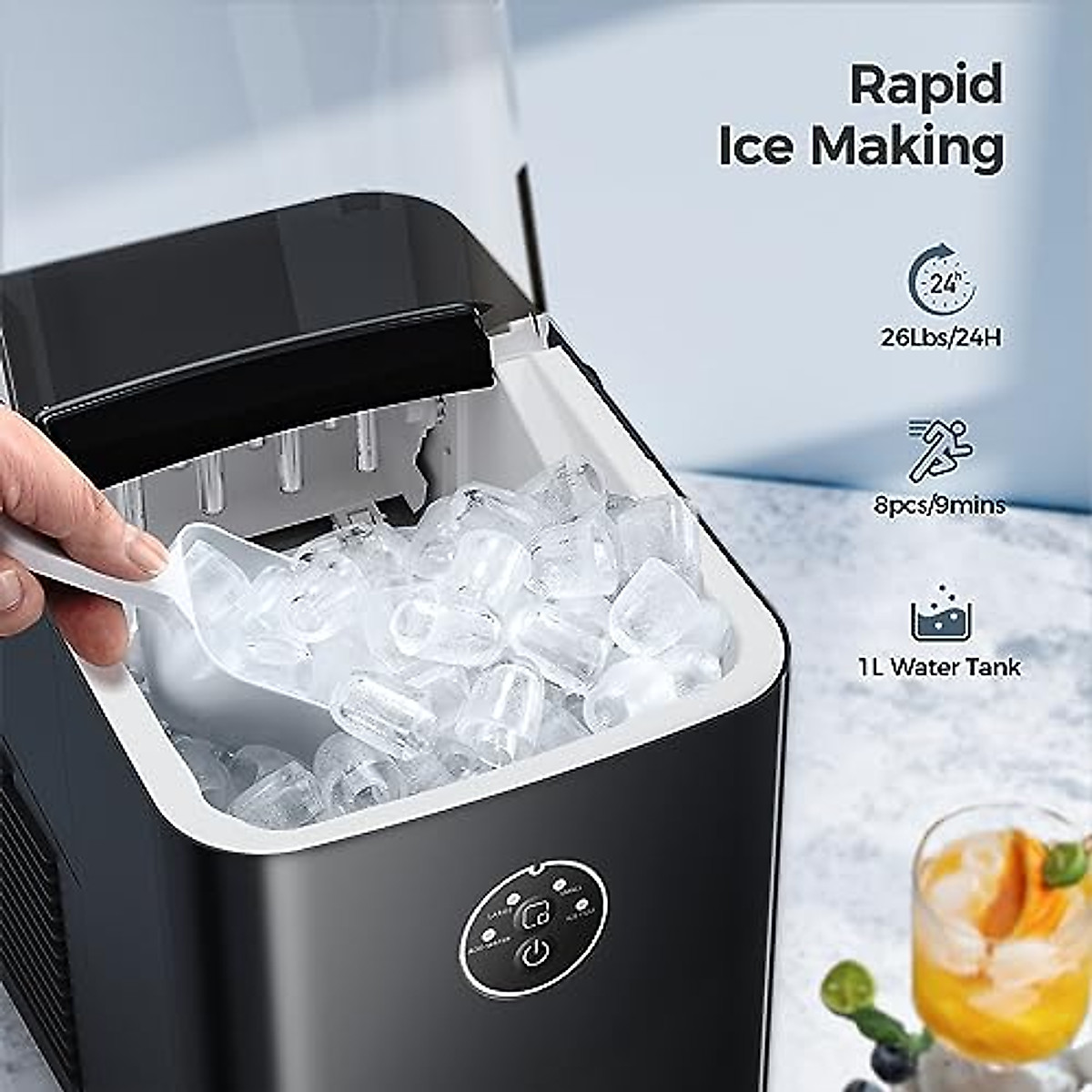 AGLUCKY Ice Makers Countertop, Portable Ice Maker Machine 26lbs/24Hrs,8 Bullet Ice Cubes of 2 Sizes Ready in 9 Mins,Self-Cleaning Ice Machine with Handle for Home/Kitchen/Office