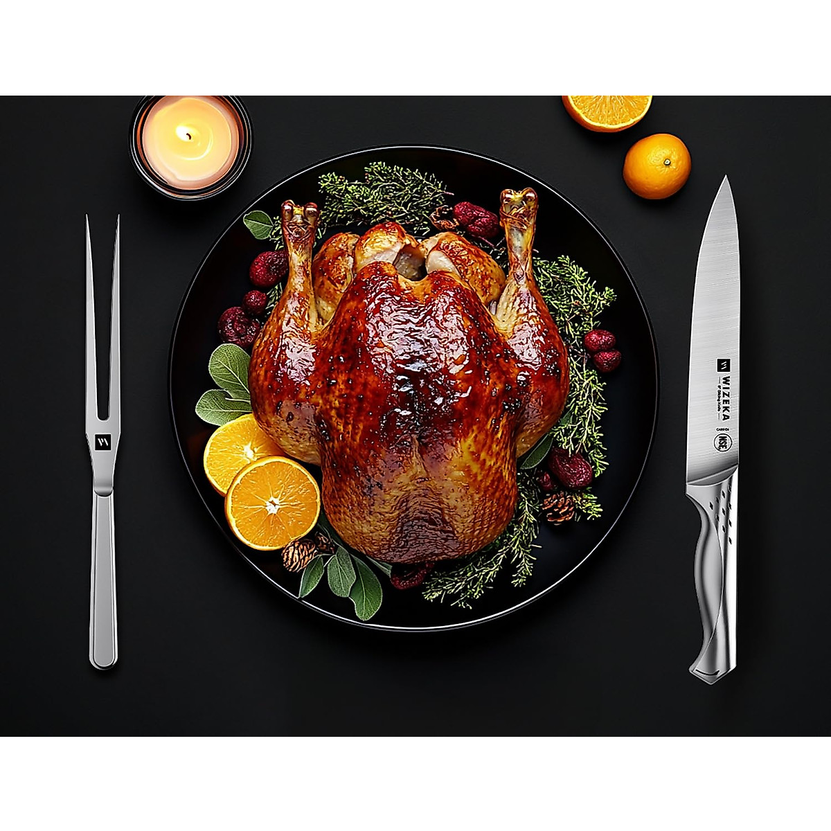 WIZEKA Turkey Carving Knife Set 2-Piece, 8-inch Carving Knife and Fork Set, Ultra-Sharp German Stainless Steel Kitchen Knife for Meat, BBQ, Carving Set with Gift Box for Thanksgiving, Jaguar Series
