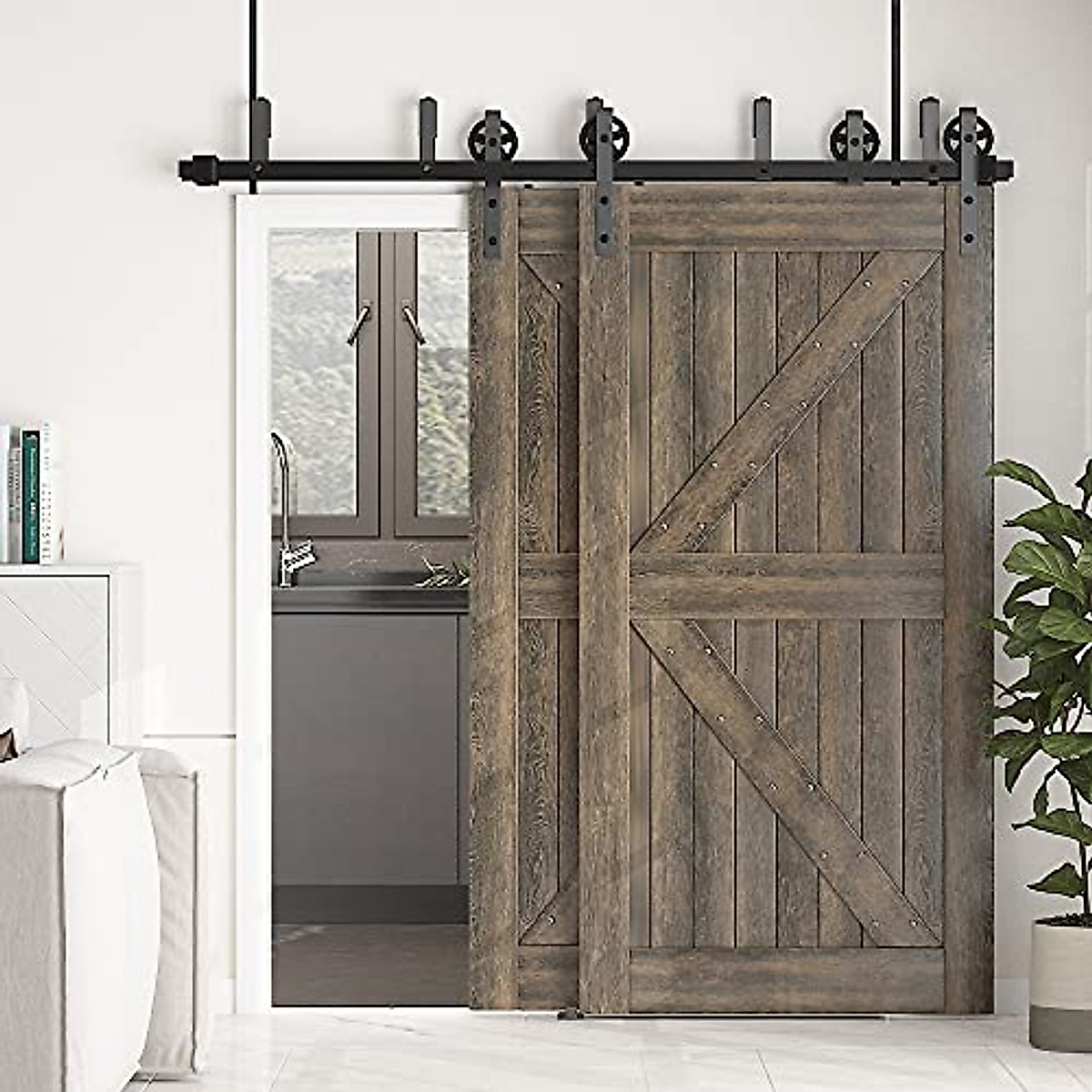 skysen 6FT Low Ceiling Heavy Duty Sliding Barn Door Hardware Double Track Bypass Double Door Kit Black(Bypass Spoke Wheel-2)