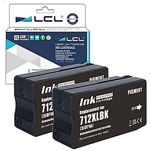 LCL Remanufactured Ink Cartridge Pigment Replacement for HP 712 712XL 712BK 712XLBK 3ED70A 3ED71A 80ML High Yield T650 T630 T250 T230 T210 (2-Pack Black)