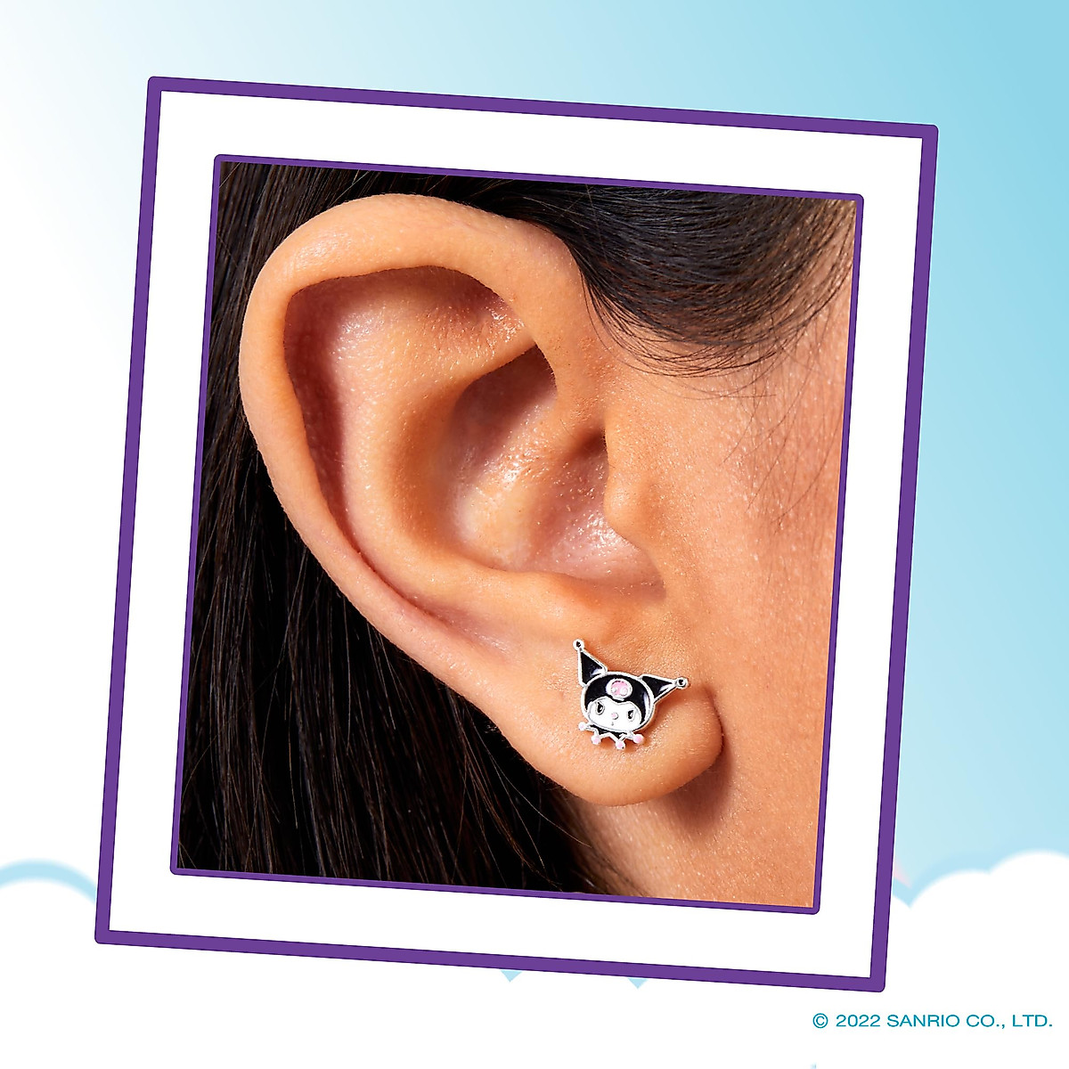 Sanrio Womens Pink Skull and Kuromi Earrings Set 2 Pairs - Silver Plate and Enamel Sanrio Stud Earrings Officially Licensed