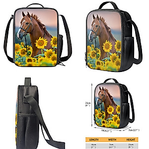 Renewold Sunflower Horse Print School Bag Set of 3, Childrens Backpack Boys Girls School Bags with Drinks Side Pocket and Lunch Box Bag Pencil Case Set Bookbag