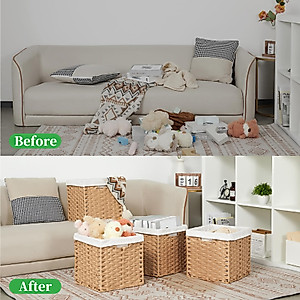 Bidtakay Wicker Storage Baskets with Liners 11x11 Storage Cube Bins with Handles Imitation Water Hyacinth 4-Pack Waterproof Woven Storage Baskets for Organizing Rattan Baskets Organizer-Natural