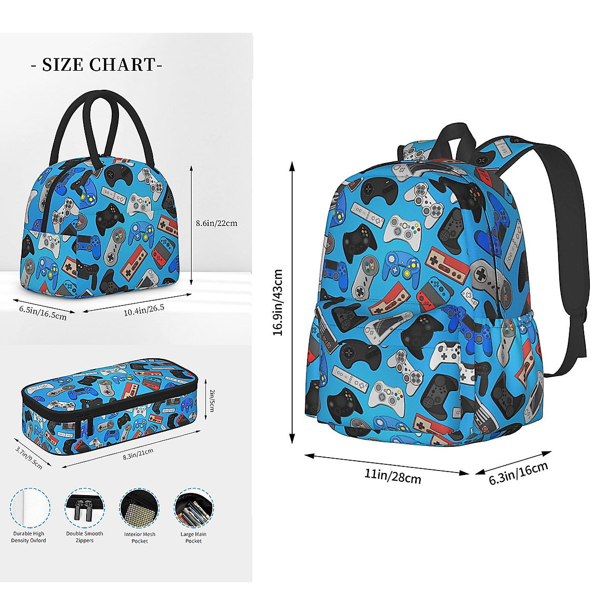 Oplp Colorful Video Game Controller Background Large Capacity Backpack Lunch Bag Pencil Case Combination 3 Piece Set