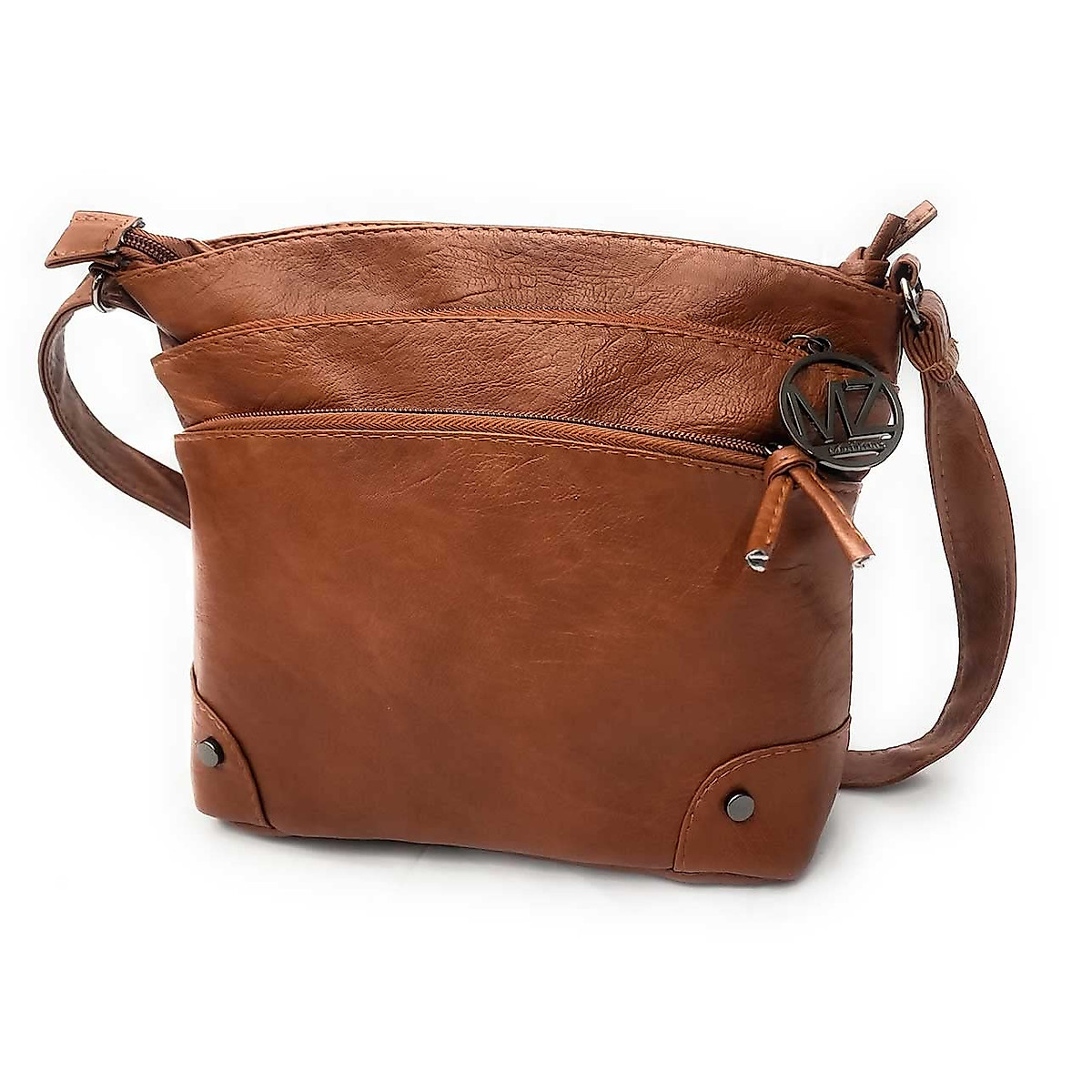 MariaKinz Soft Leather 4 Zipper Pockets Crossbody Purse and Handbag (Brown)