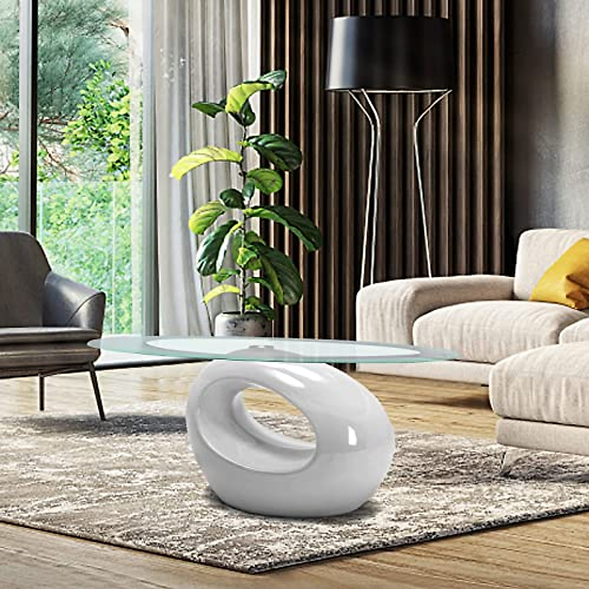 Modern White Glass Coffee Table for Living Room, with Glass Top & Glossy Solid Base for Storage, Sofa Side Central Table, Oval Glass Table Set for Living Room, Sitting Room