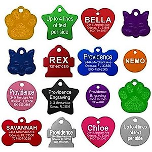 Providence Engraving Pet ID Tags - Small or Large Personalized Anodized Aluminum Pet Tags in Bone, Round, Star, Heart, Hydrant, Paw and Cat Face Shapes and 9 Colors for Dog and Cat