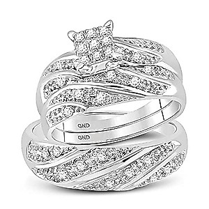 Sizes - L = 4.5, M = 10.5 - 14k White and Yellow 2 Two Tone Gold Mens and Ladies Couple His & Hers Trio 3 Three Ring Bridal Matching Engagement Wedding Ring Band Set - Round Diamonds - Princess Shape Center Setting (1/4 cttw) - Please use drop down menu t