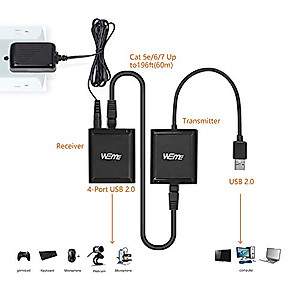 WEme USB Extender, 4-Port USB 2.0 Ethernet Extender Hub Over Cat5/ Cat5e/ Cat6 Cable Connection up to 60Meters/196FT, RJ45 Lan Extension with Power Adapter for Logitech Webcam, Camera, Speakerphone
