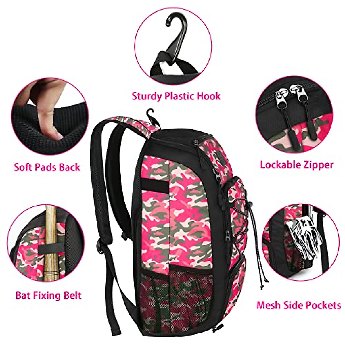 MATEIN Girls Softball Bag, Baseball Bag with Cleats Pocket for Girls, Boys, Adult, Large Baseball Backpack for Men with Fence Hook- Hold 2 Bats, Batting Mitten, Helmet, Caps, Teeball Gear, Pink Camo
