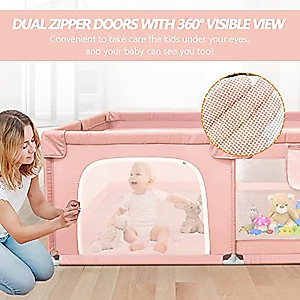 Baby Playpen, Baby Playpen with Mat, Playpen for Babies and Toddlers 71"L x 60"W x 26"D Indoor Large Playpen Safety Baby Fence Play Area, Valentines Day Gifts for Kids (Pink)
