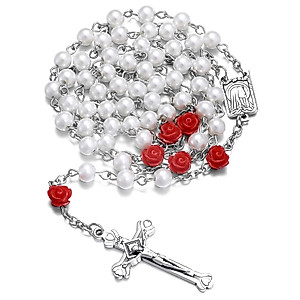 Pearl Rose Beads Rosary Catholic Necklace Holy Soil Medal Cross Crucifix-6 Packs