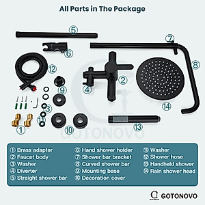 gotonovo Matte Black Outdoor Shower Fixture SUS304 System Combo Set Rainfall Single Handle High Pressure Hand Spray Wall Mount 2 Dual Function Stainless Steel