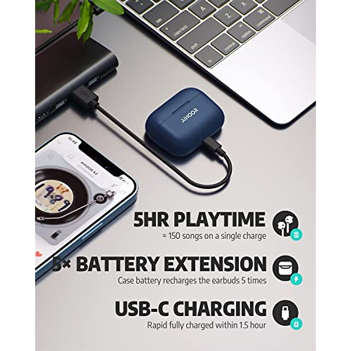 AIHOOR Wireless Earbuds for iOS & Android Phones, Bluetooth 5.3 in-Ear Headphones with Extra Bass, Built-in Mic, Touch Control, USB Charging Case, 30hr Battery Earphones, Waterproof for Sport