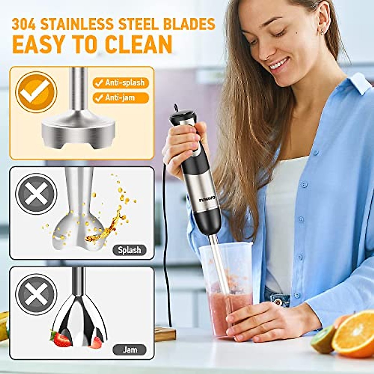FUNAVO Hand Blender, 800W 5-in-1 Immersion Hand Blender, 12-Speed Multi-function Stick Blender with 500ml Chopping Bowl, Whisk, 600ml Mixing Beaker, Milk Frother Attachments, BPA-Free