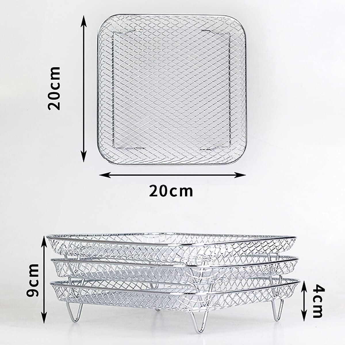 Homaisson Air Fryer Racks, Three Stackable 7.8 inch Air Fryer Racks for 4.2QT - 5.8QT Air fryers, Stainless Steel Dehydrator Air Flow Racks for Ninja, Gowise, Phillips Air Fryers, Ovens, Press Cookers (Square)