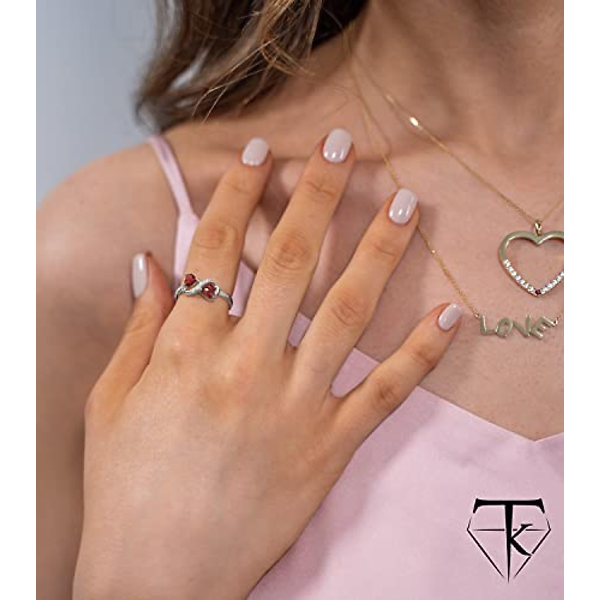 Elegant 10k White Gold Double Heart Garnet and Diamond Infinity Ring (Size 8.25)