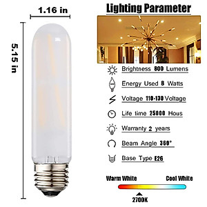 LEOOLS T10 Led Frosted Bulb, 8W Dimmable Tubular LED Light Bulb, 75 Watt Incandescent Bulb Equivalent, 2700K Soft Warm White, Frosted Glass, E26 Base, for Cabinet Display Cabinet etc,3 Pack.