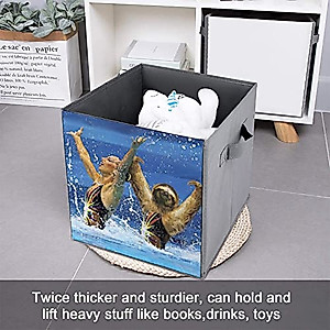 Sloth Art PU Leather Collapsible Storage Bins Canvas Cube Organizer Basket with Handles