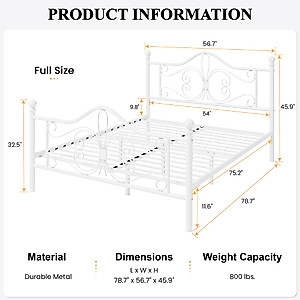 SHA CERLIN Full Size Bed Frame with Headboard,Metal Bed Frame with Butterfly Pattern Design Headboard & Footboard,No Box Spring Needed,Easy Assembly,White