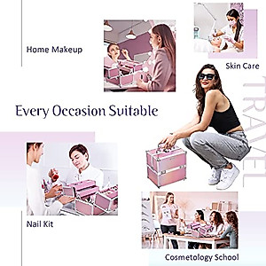 Frenessa Makeup Train Case Cosmetic Organizer Case Portable Travel Storage Box 4 trays with Dividers Lockable Make Up Case for Makeup Artist, Nail Tech, Crafter Makeup Tools Makeup Toiletry Case