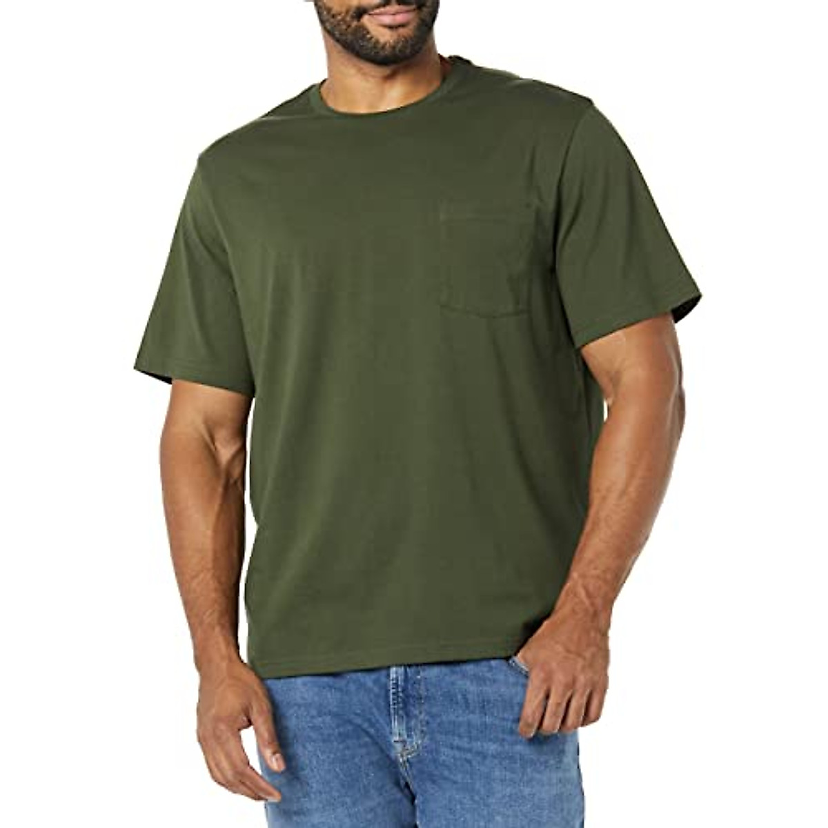 Amazon Essentials Men's Regular-Fit Short-Sleeve Crewneck Pocket T-Shirt, Pack of 2, Black/Olive, Large