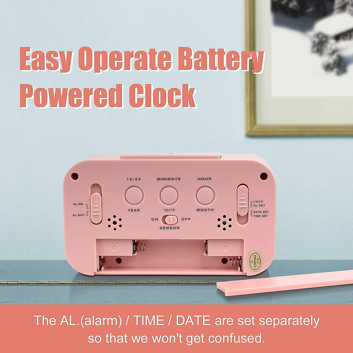 Miowachi Digital Alarm Clocks for Bedrooms Battery Operated,Snooze,Night Light Easy Setup Small Clock for Kids Pink