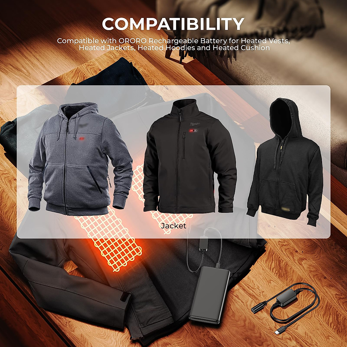 Heated Jacket Battery Type C Step-Up Adapter Charger Cable Compatible with Metabo,M12,Milwaukee,Makita,Snap-on,Craftsman,AEG,Dewalt,Revean,Ridgid,RYOBl 12V Hoodie