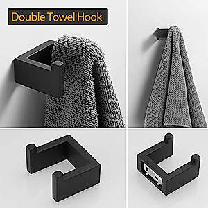 BESy 4 Piece Bathroom Accessories Set (23.6'' Towel Bar, Hand Towel Holder Towel Rack, Toilet Paper Holder, Double Towel Hooks), Wall Mounted Bath Hardware Fixtures Set, Stainless Steel/Matte Black