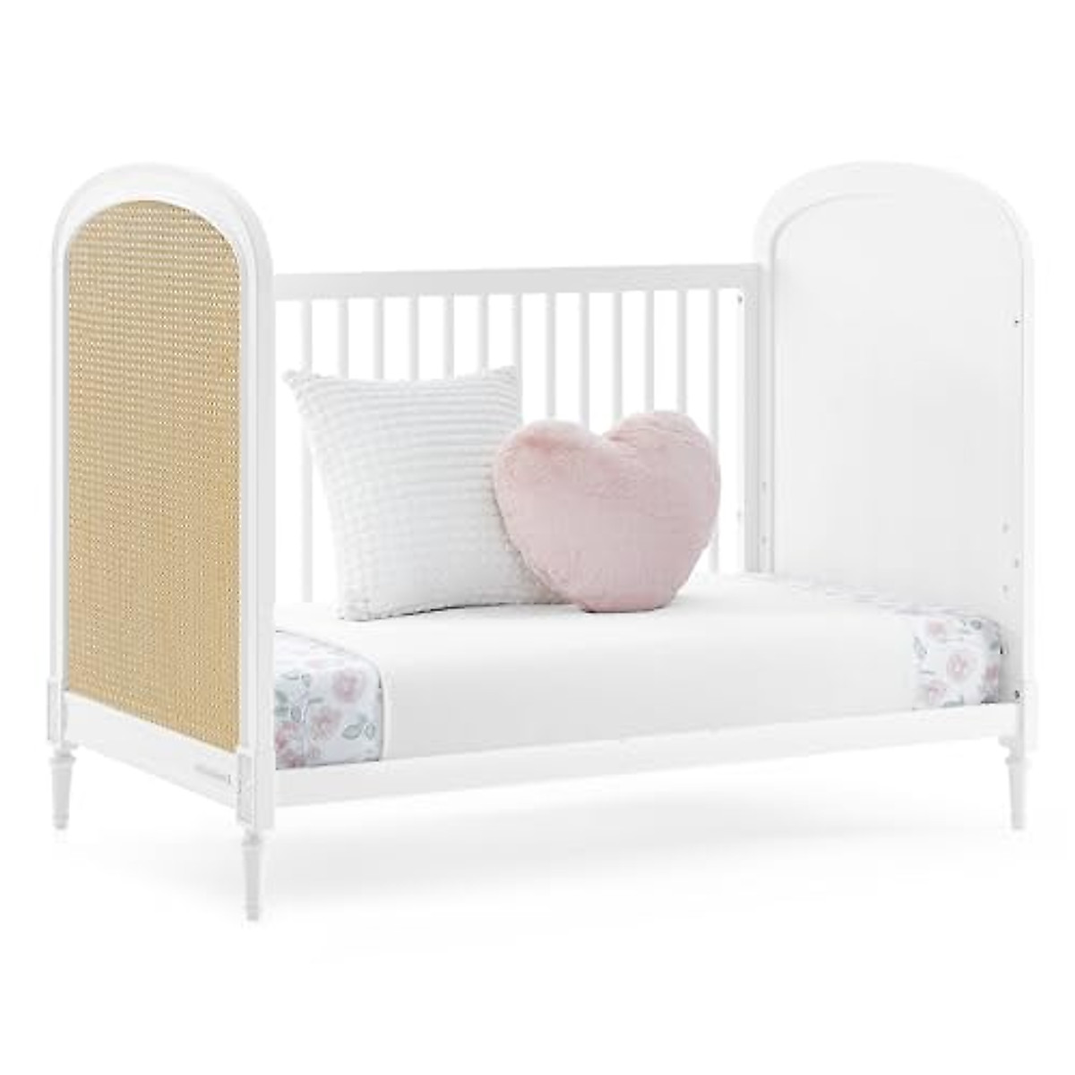 Delta Children Madeline 4-in-1 Convertible Crib - Woven Cane Mesh Panels, Includes Conversion Rails, Greenguard Gold Certified, Bianca White/Textured Almond