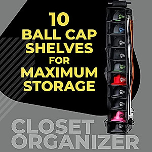 BallcapBuddy - Hanging Hat Organizer, Storage for Caps, Hats, Belts, Shoes & Accessories, Essentials Hat Organizer with Shelves, Side Pockets, and Hooks, 12 x 9 x 59 Inches, Black, Made in USA