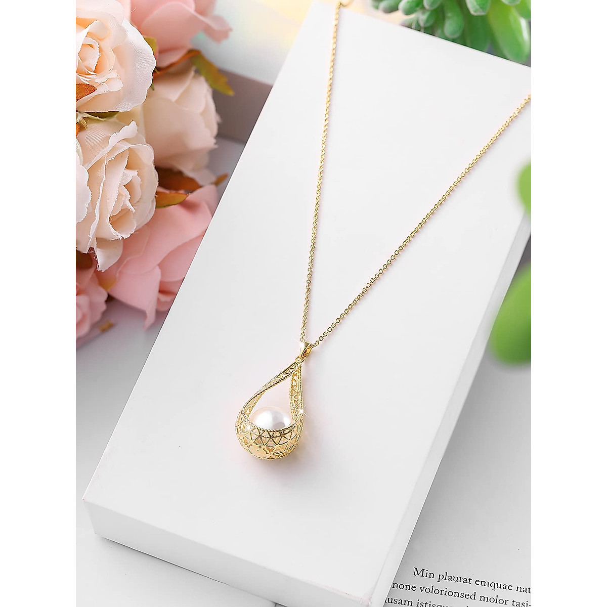 Big Light Pink Pearl Large Pendant Drop Dangle Simple Prom Formal Necklace for Women Trendy Handmade Hypoallergenic Rose Glod Plated Costume Jewelry (Light Pink-Rose Gold)