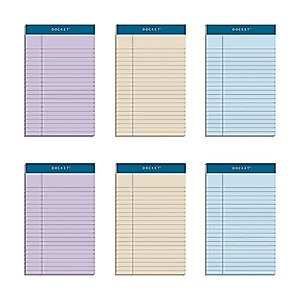 TOPS Docket Writing Tablet, 5 x 8 Inches, Perforated, Assorted Colors: Orchid, Ivory, Blue, Narrow Rule, 50 Sheets per Pad, 6 Pads per Pack (99601)