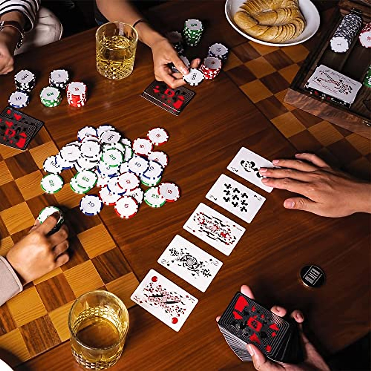 Bowtie Wooden Poker Set with Playing Card Gift, Professional 300 Weighted Poker Chips with Walnut Wood Case, Unique Poker Gift for Texas Hold'em, Blackjack, Casino Gambling, Memento Mori