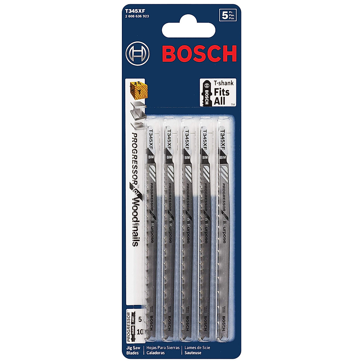BOSCH T345XF 5-Piece 5-1/4 In. 5-10P TPI Progressor for Wood with Nails T-Shank Jig Saw Blades